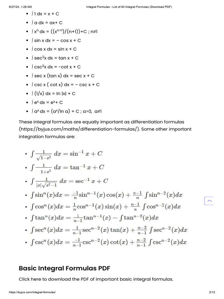 Integral Formulas - List of All Integral Formulas (Download PDF | PDF