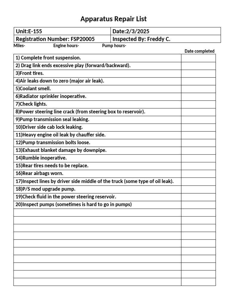 Apparatus Repair List Template | PDF