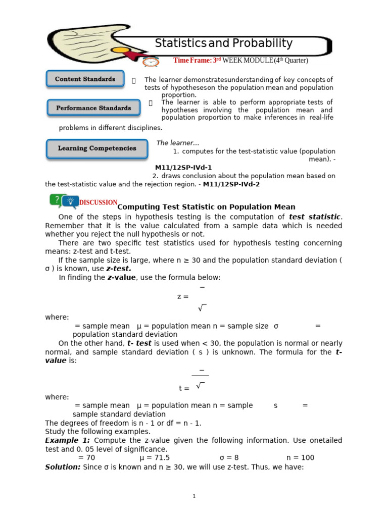 Computing Test Statistics for Hypothesis Testing | PDF | Statistics ...