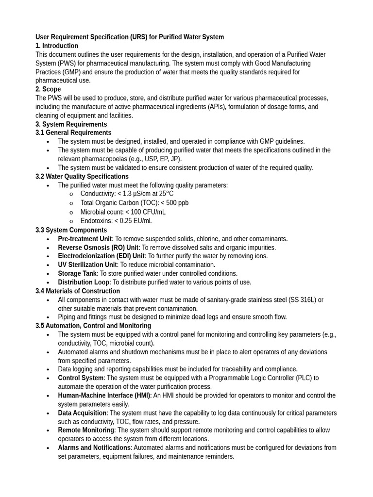User Requirements for Purified Water System | PDF | Purified Water ...