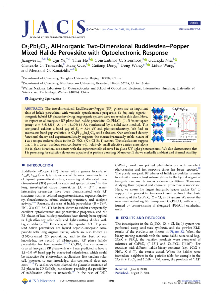 Li Et Al 2018 Cs2pbi2cl2 All Inorganic Two Dimensional Ruddlesden Popper Mixed Halide Perovskite ...