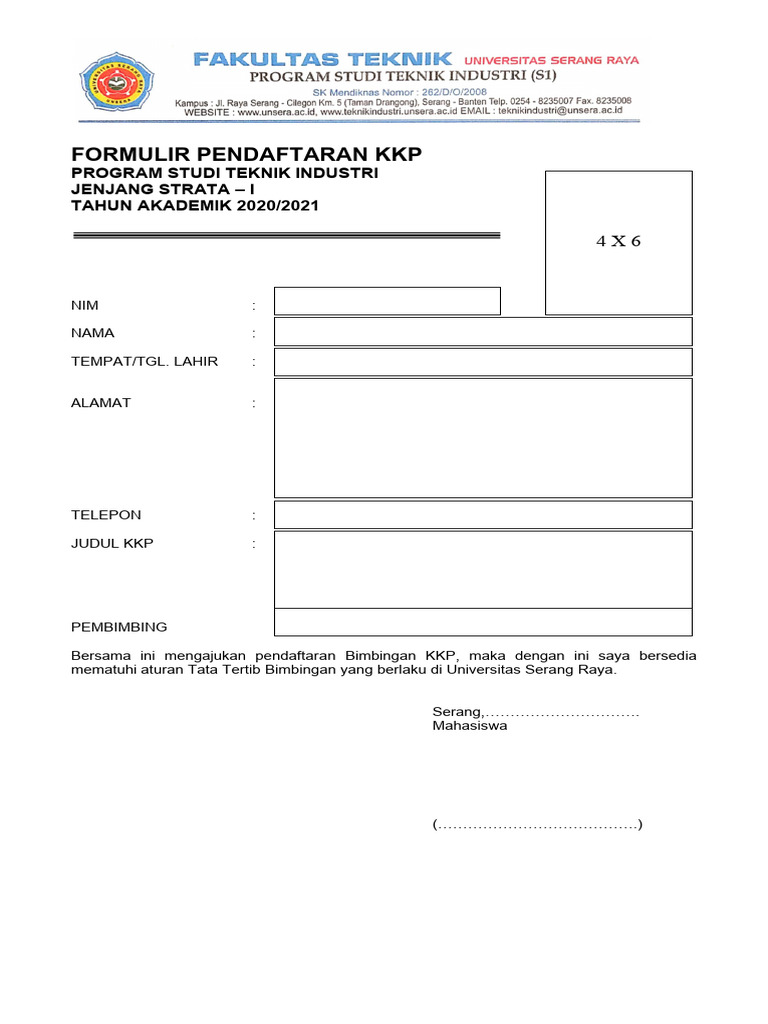 Formulir Pendaftaran KKP Teknik Industri | PDF