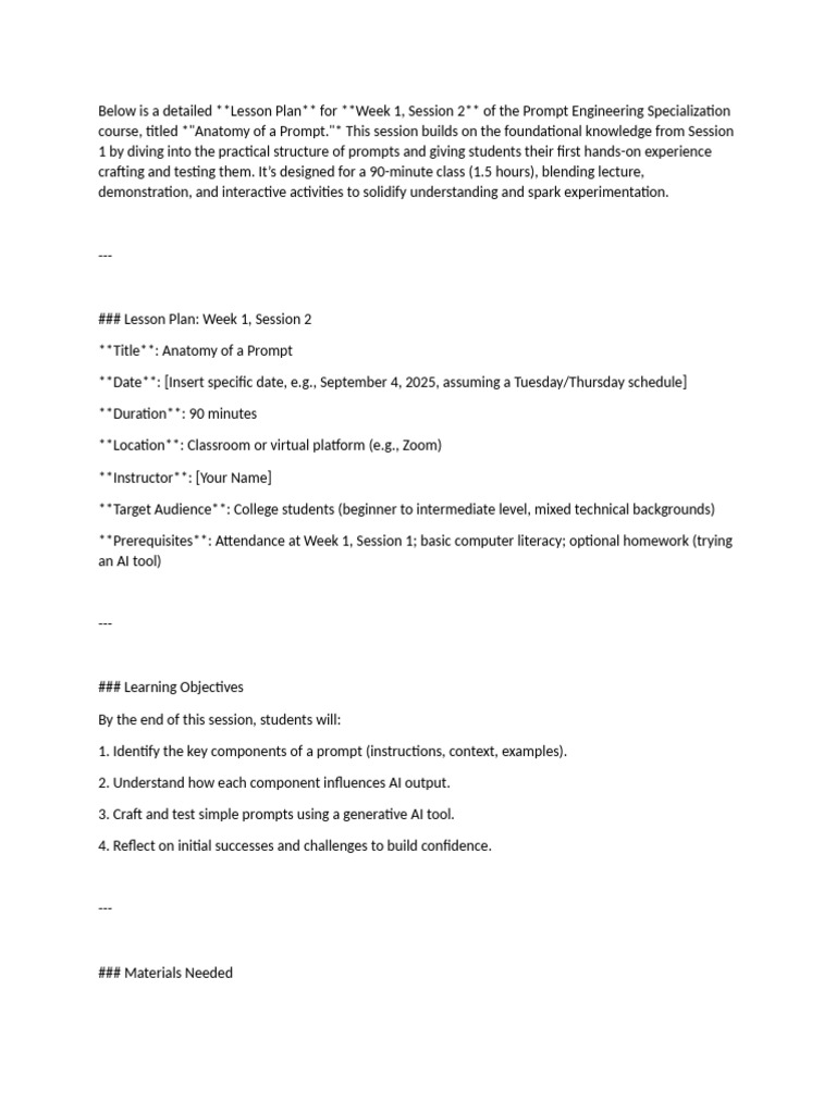 Week 1 Session 2 Lesson Plan Prompt Engineering | PDF | Lesson Plan | Artificial Intelligence