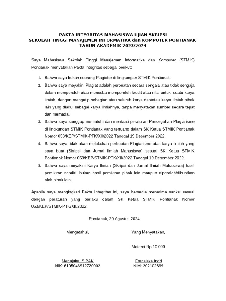 Pakta Integritas Mahasiswa STMIK Pontianak | PDF