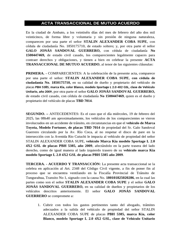 Acta Transaccional de Mutuo Acuerdo | PDF