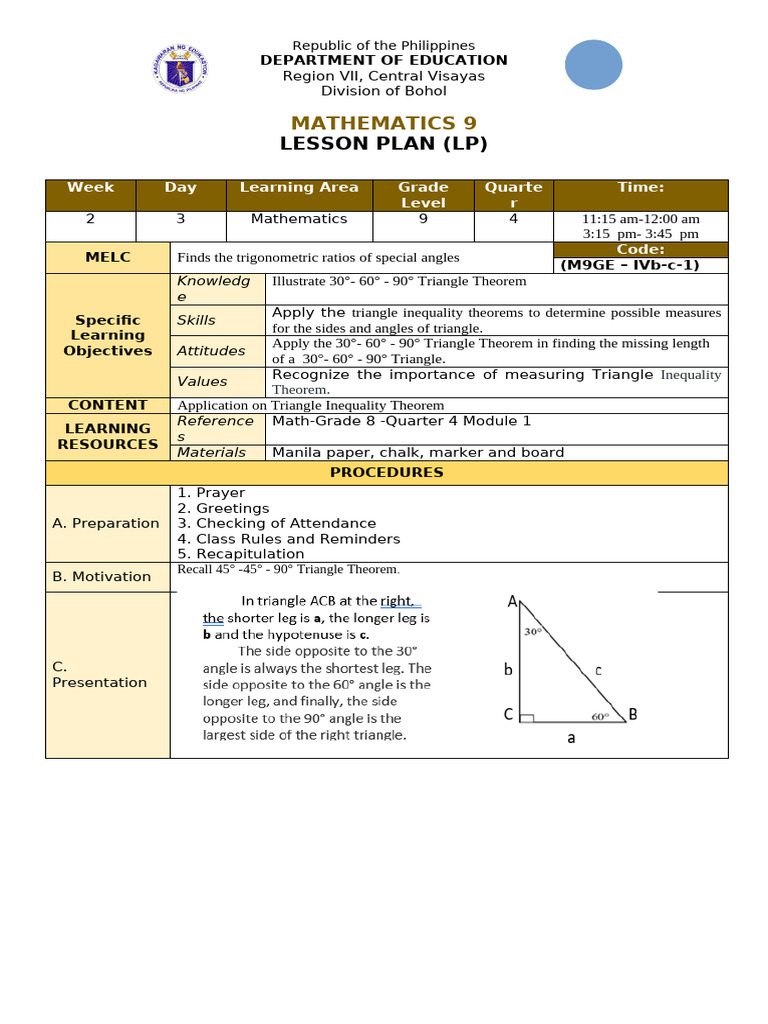 Lesson Plan Mathematics 9 Quarter 4 | PDF | Teachers | Triangle