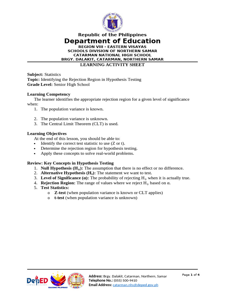 Learning Activity Sheet Identifies The Appropriate Rejection Region ...