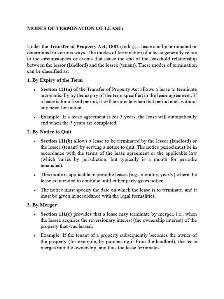modes of termination of lease inder transfer of property act | PDF ...