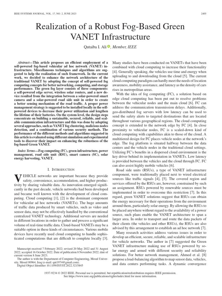 Realization of A Robust Fog-Based Green VANET Infrastructure | PDF | Computer Network | Wireless ...