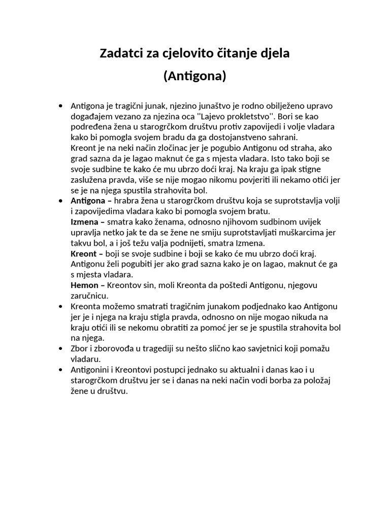 Zadatci Za Cjelovito Čitanje Djela-Antigona | PDF