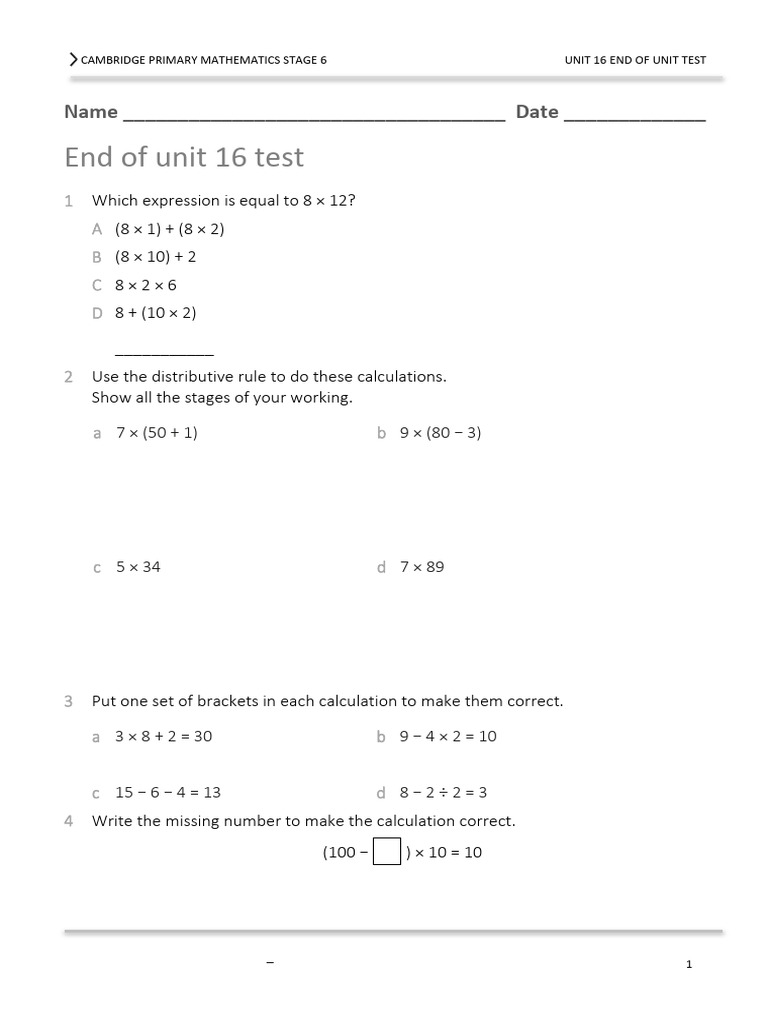 Cambridge Primary Maths Stage 6 Test | PDF