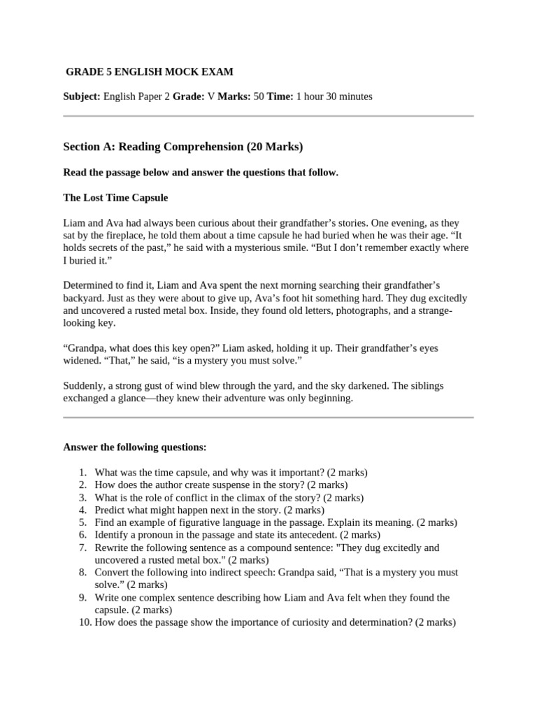 Grade 5 English Mock Exam | PDF | Sentence (Linguistics) | Pronoun