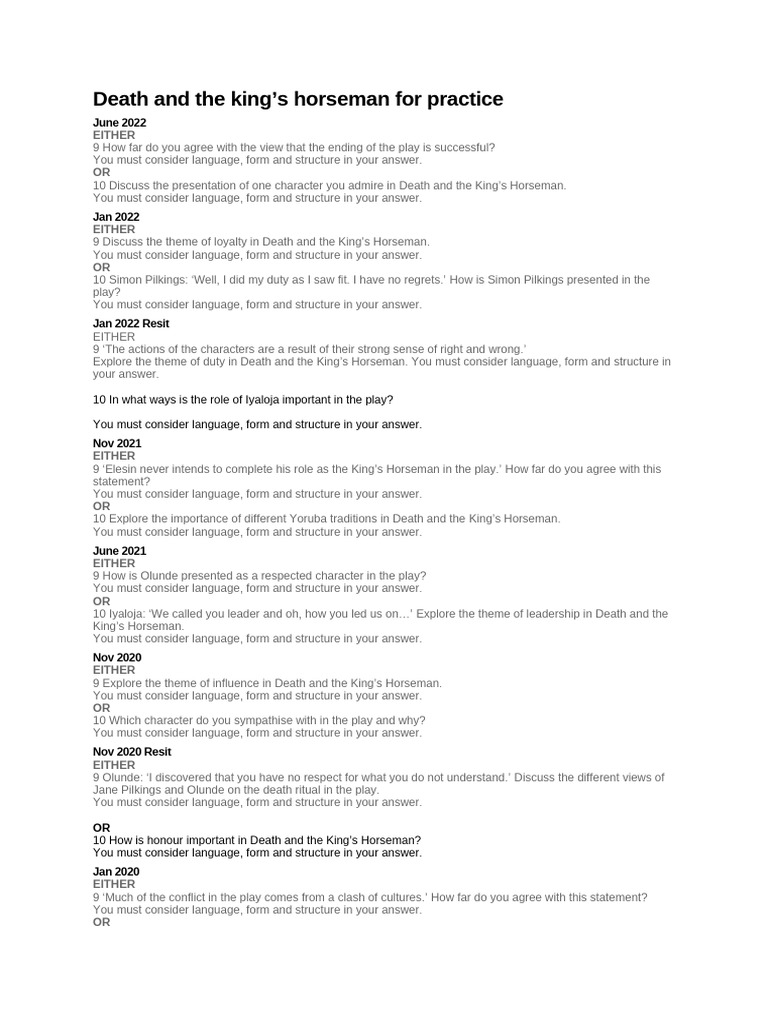 Death and The King Horseman Questions For Practice. Practice This | PDF