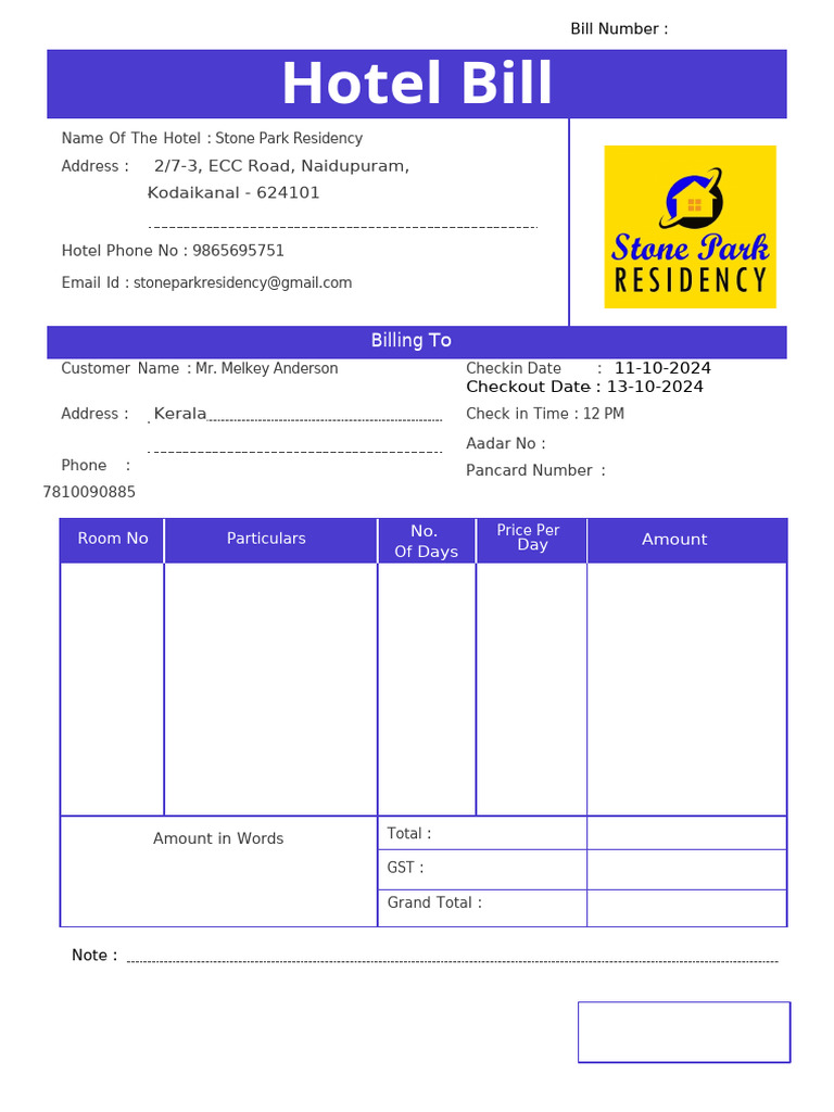 Hotel Bill Format in Word | PDF