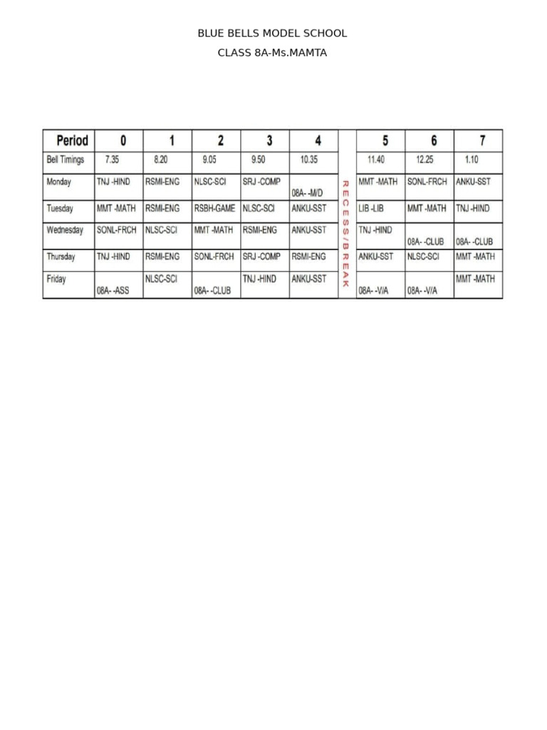 Blue Bells Model School Class 8A Overview | PDF