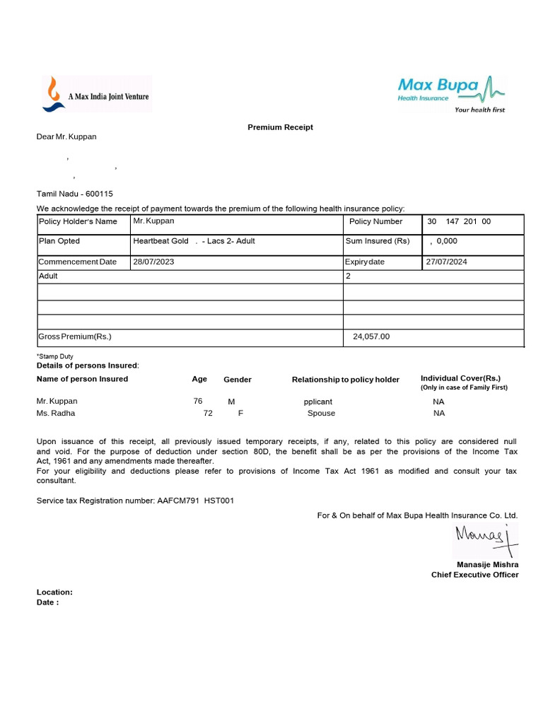Max Bupa Health Insurance Receipt | PDF | Public Finance | Taxation