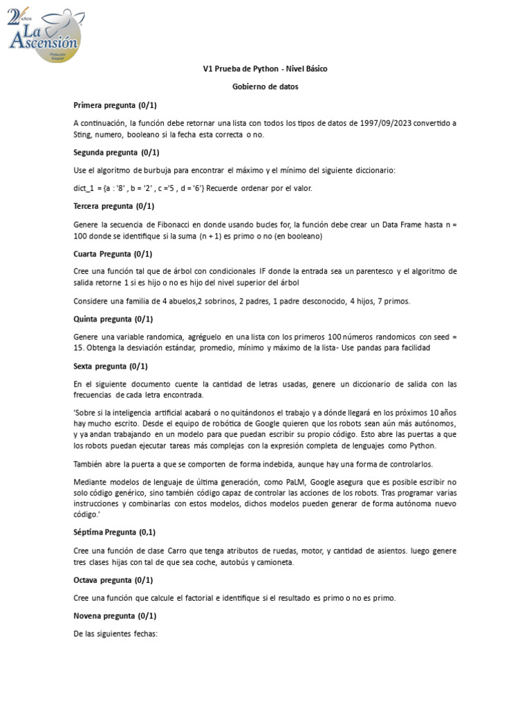 V1 Prueba de Python | PDF | Python (lenguaje de programación) | Lenguaje de programación