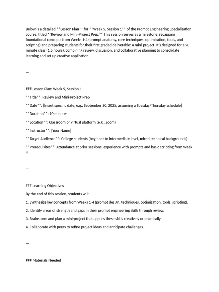 Week 5 Session 1 Lesson Plan Prompt Engineering | PDF | Lesson Plan ...
