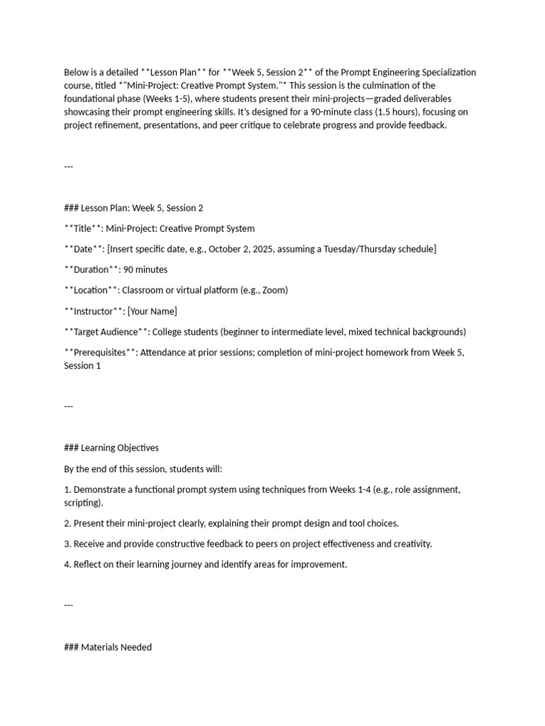 Week 5 Session 2 Lesson Plan Prompt Engineering | PDF | Lesson Plan ...