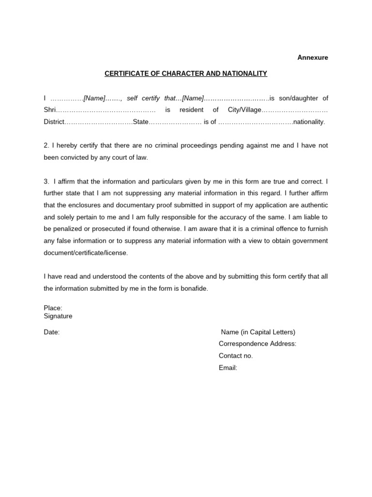 Certificate of Character and Nationality -Annexure | PDF