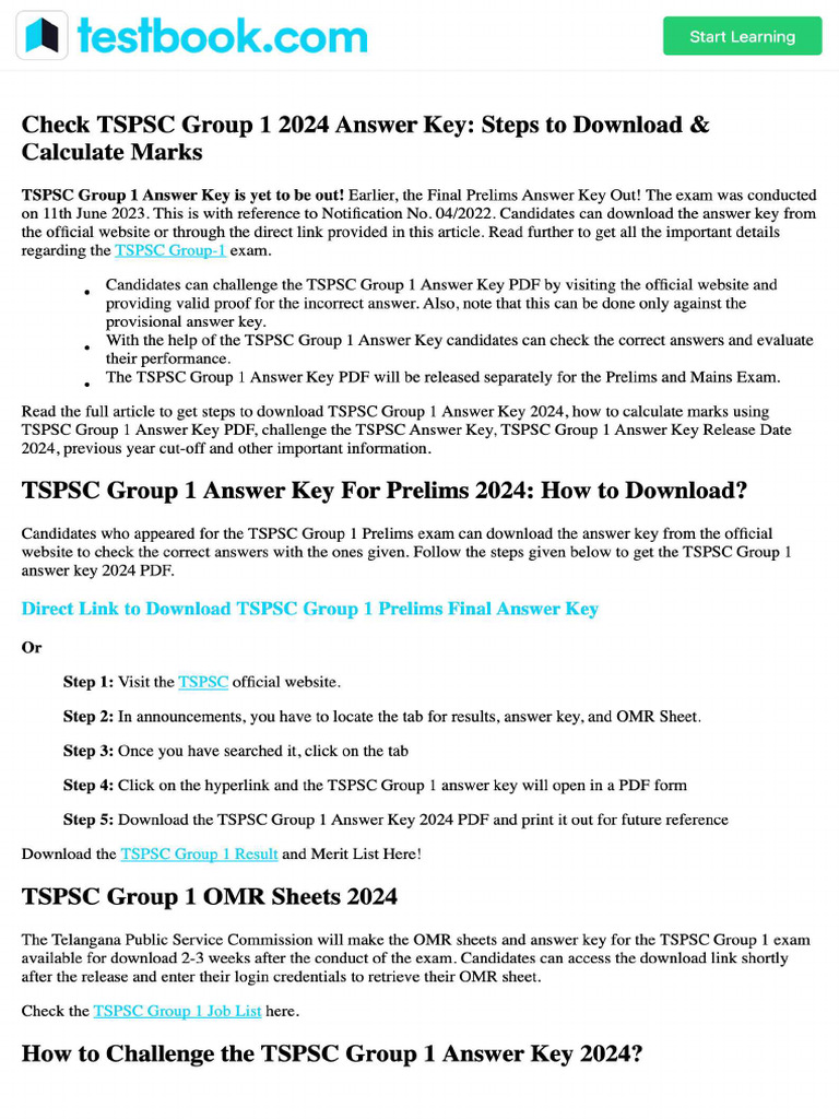 Check TSPSC Group 1 2024 Answer Key - Steps To Download & Calculate Marks | PDF