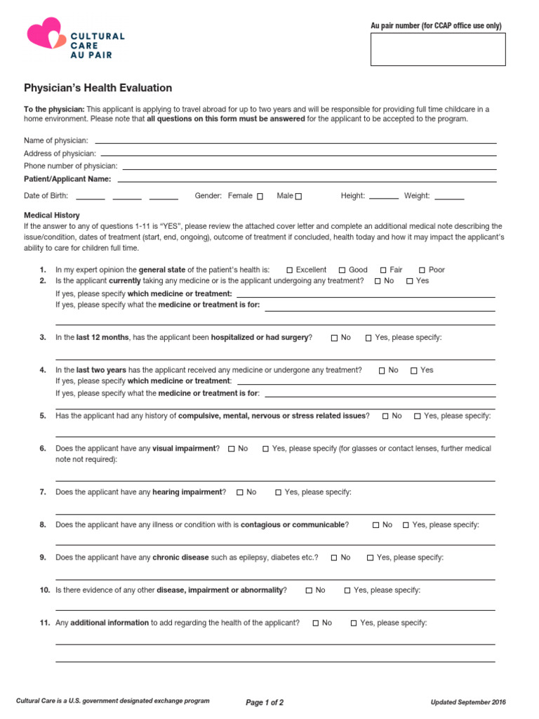 Physician Health Evaluation for Au Pair | PDF | Medicine | Physician