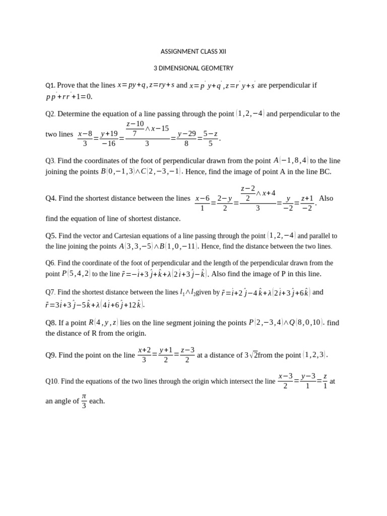 Assignment 3 D geometry class 12 | PDF | Line (Geometry) | Mathematics