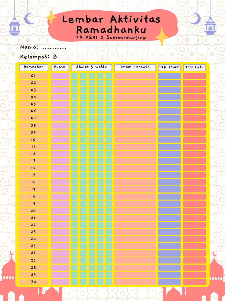 Merah Muda Putih Warna Warni Ceria Lembar Aktivitas Ramadhanku Dokumen A4 | PDF