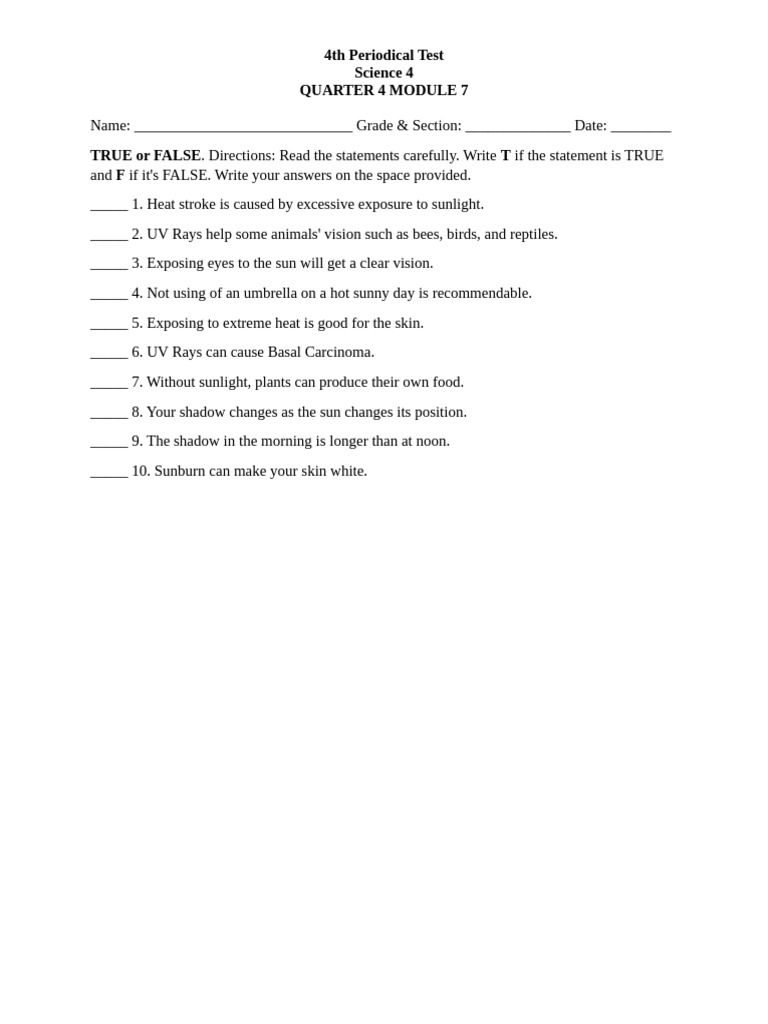 Science 4: Sunlight and UV Rays Quiz | PDF