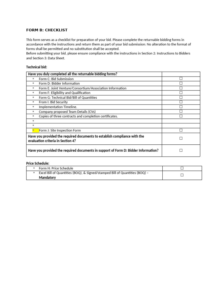 Bid Submission Checklist Template | PDF