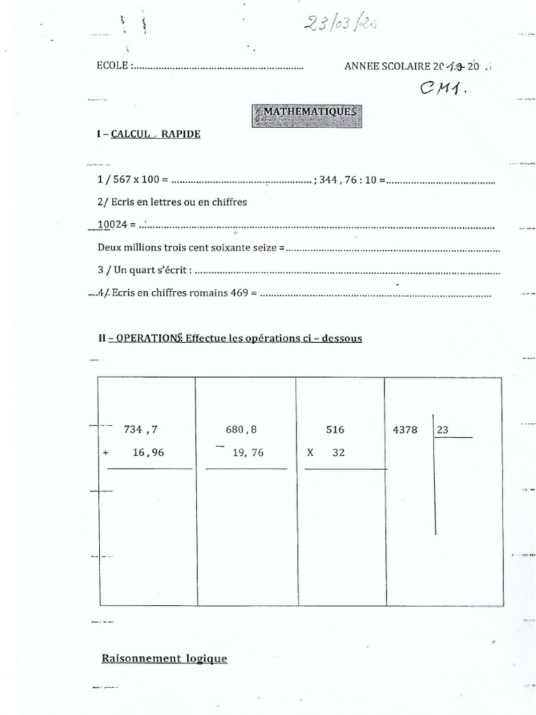 Exercice de Mathématiques Du 23 Mars 2020 CM1 1 SUR 2 | PDF