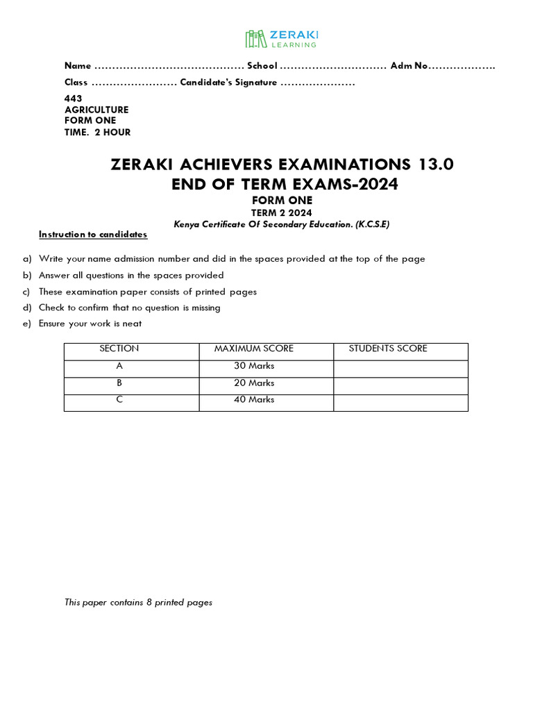 Agriculture Question Paper Zeraki Achievers 13.0 - July 2024 | PDF | Tillage | Agriculture