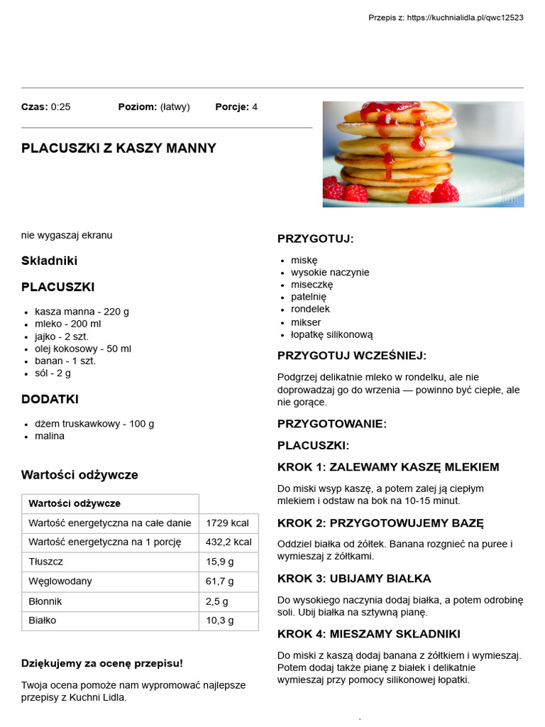 Placuszki Z Kaszy Manny - Przepis - Kuchnia Lidla | PDF