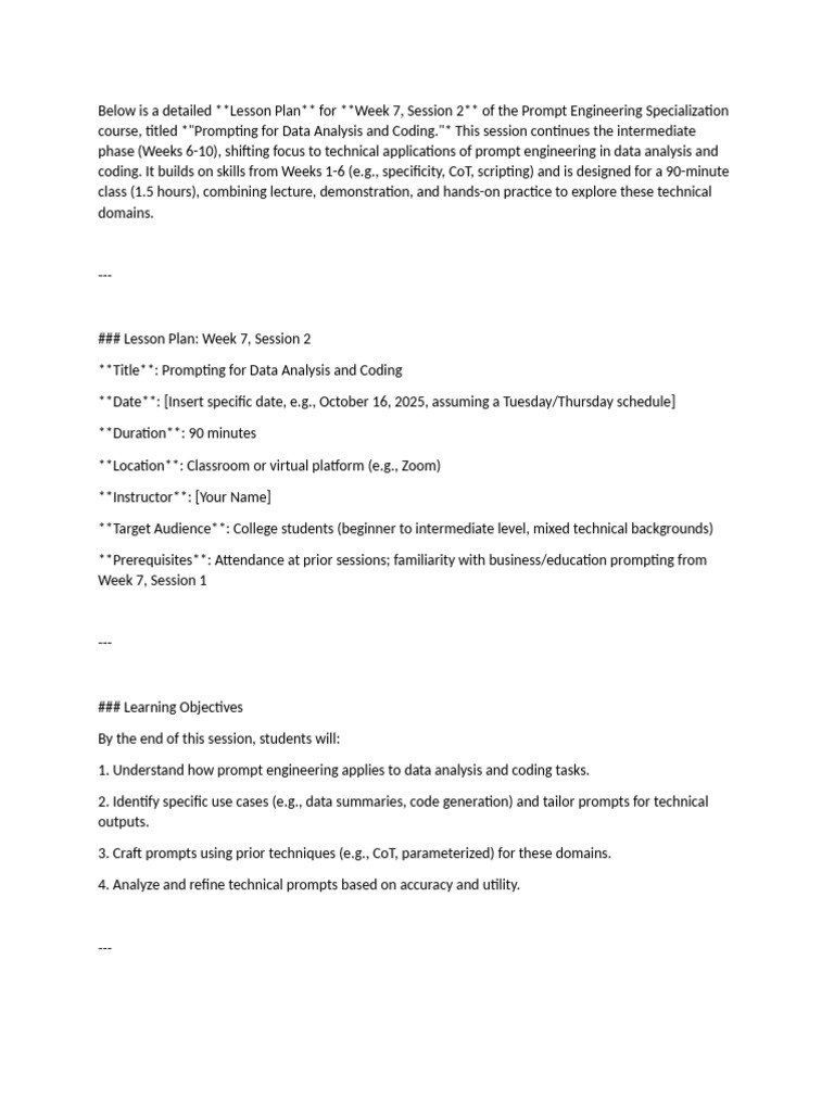 Week 7 Session 2 Lesson Plan Prompt Engineering | PDF | Data Analysis ...
