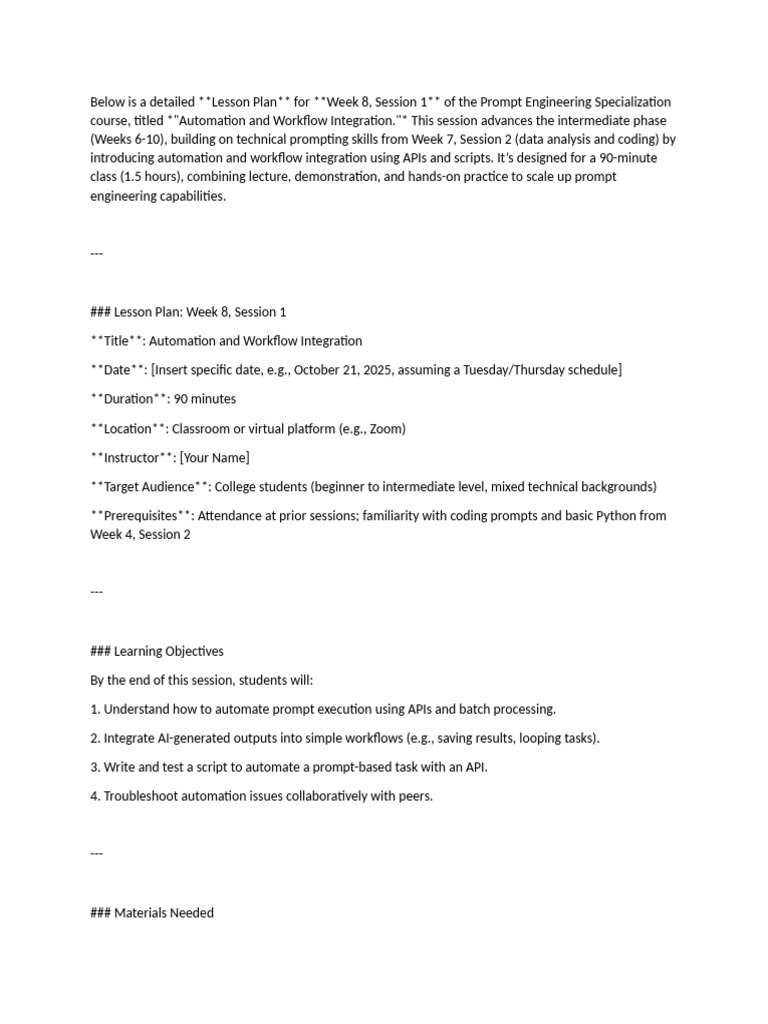 Automation in Prompt Engineering | PDF | Automation | Lesson Plan