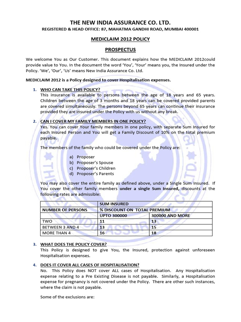 Prospectus Family Mediclaim 2012 Policy | PDF | Insurance | Hospital