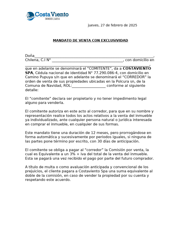 Mandato de Venta Con Exclusividad | PDF