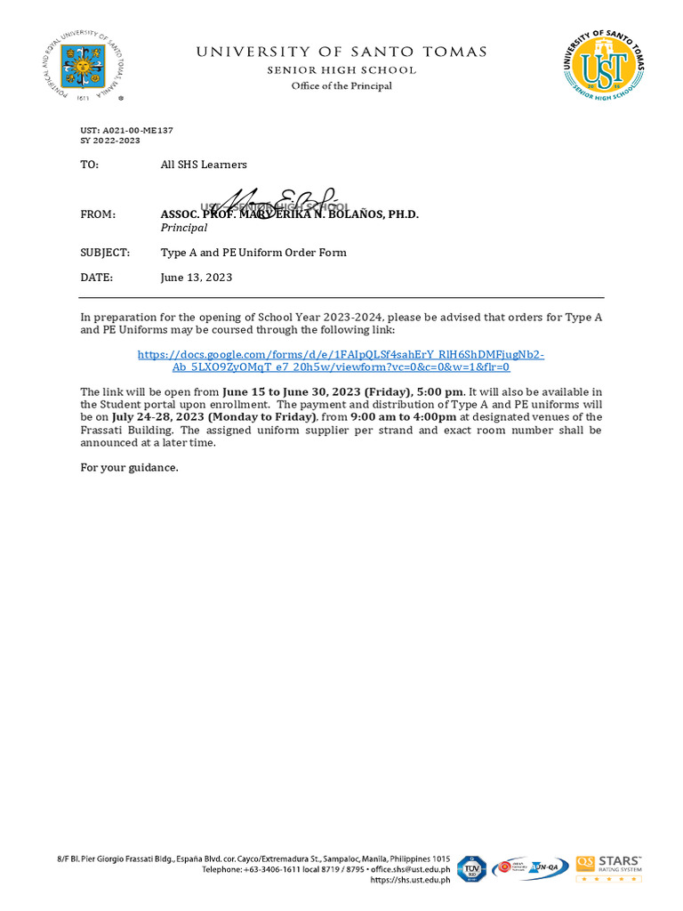 ME 137 Type A and PE Uniform Order Form | PDF