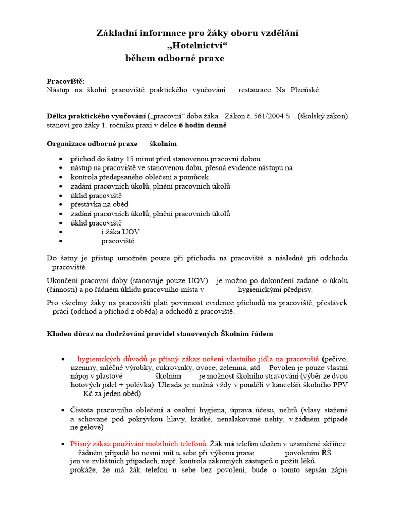 Info Praxe Hotelnictvi Obsluha Restaurace Na Plzenske | PDF