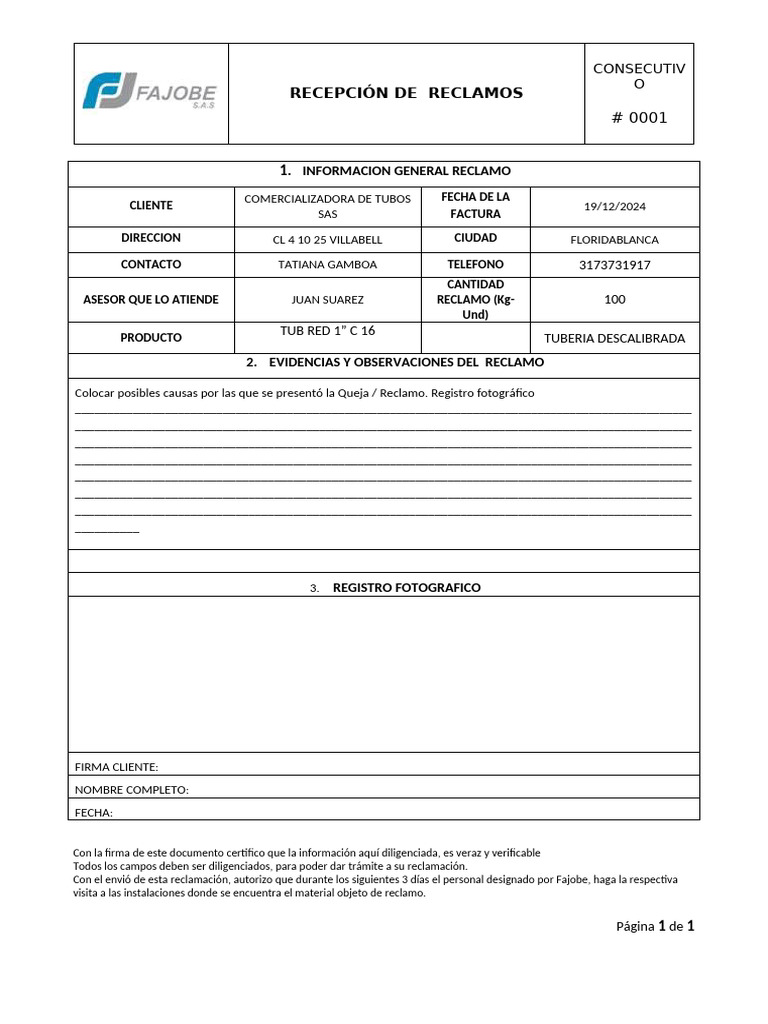 Formato Reclamo Cliente | PDF