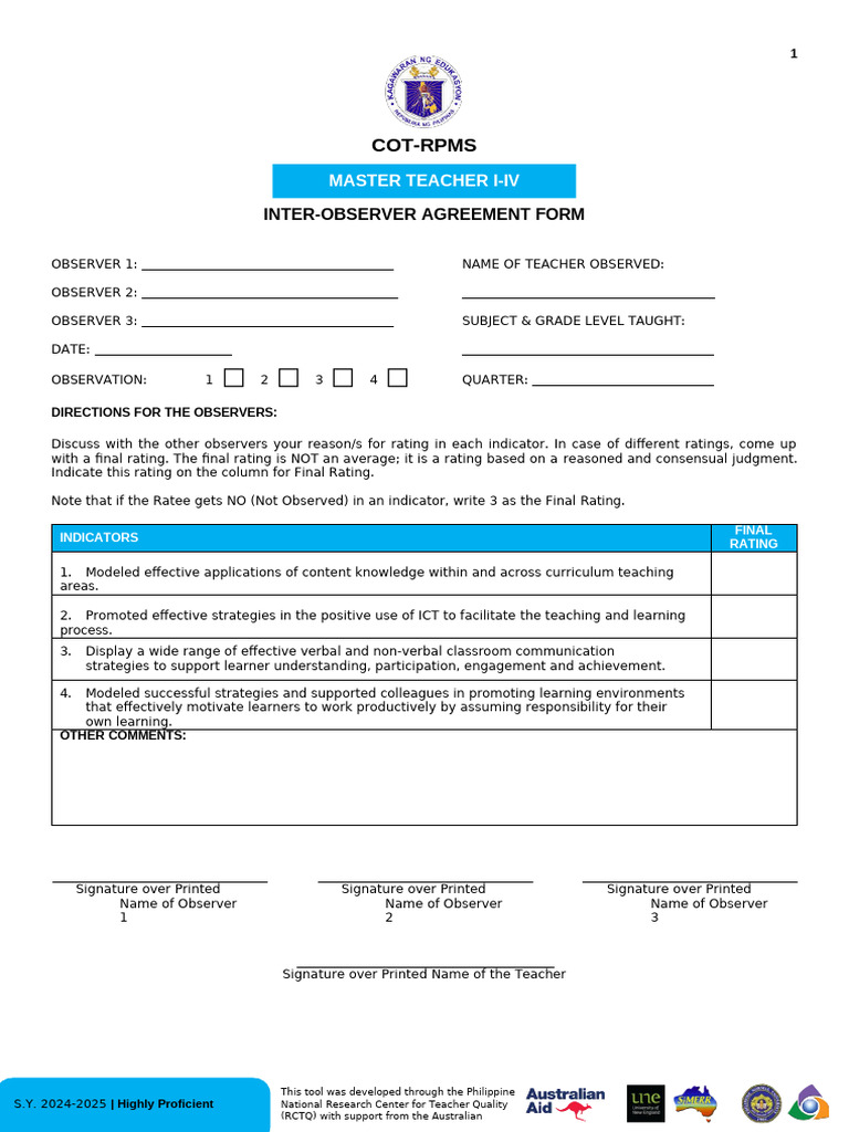 Inter-Observer Agreement Form 2024-2025 | PDF | Teachers | Learning