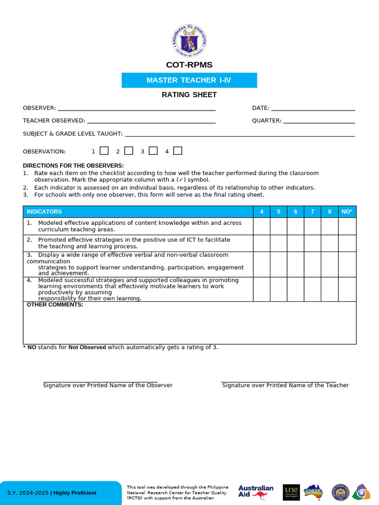 COT-RPMS Rating Sheet 2024-2025 | PDF