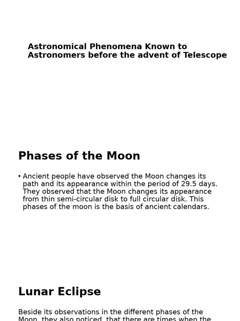 Astronomical Phenomena Known To Astronomers Before The Advent of Telescope | PDF