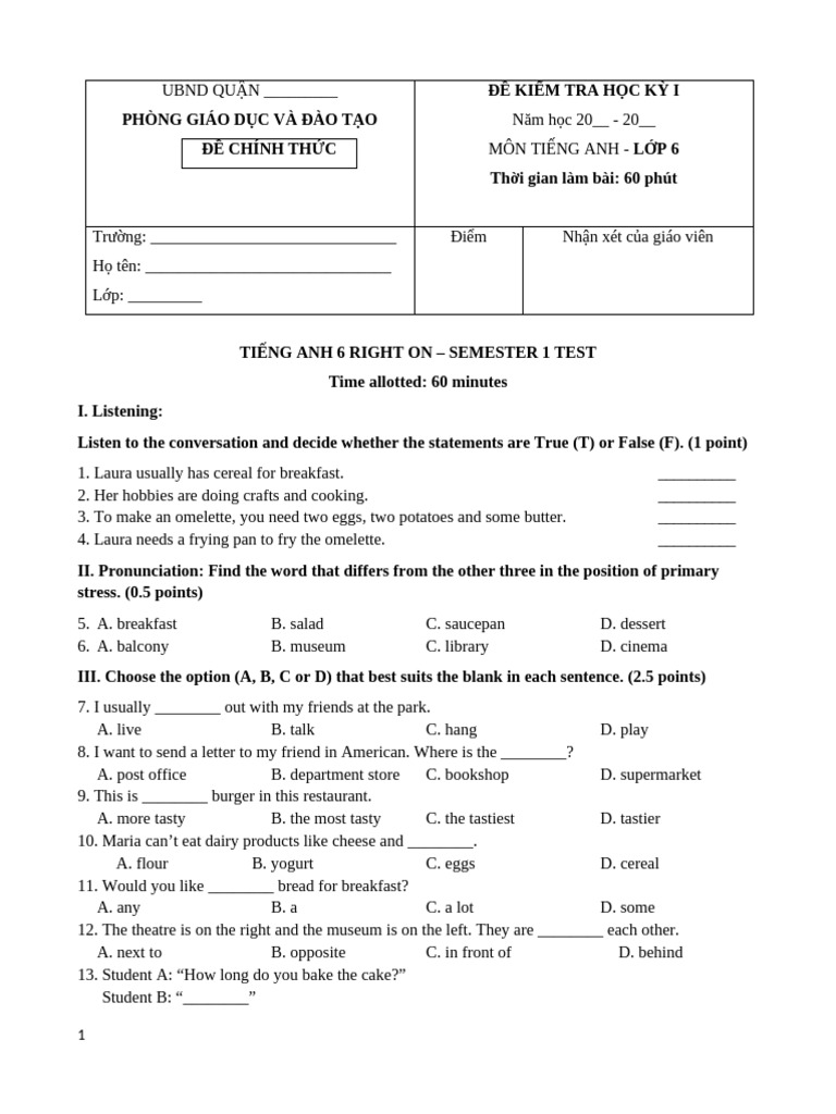 Đề KT HK1 TA6 Right On | PDF | Lunch | Cooking