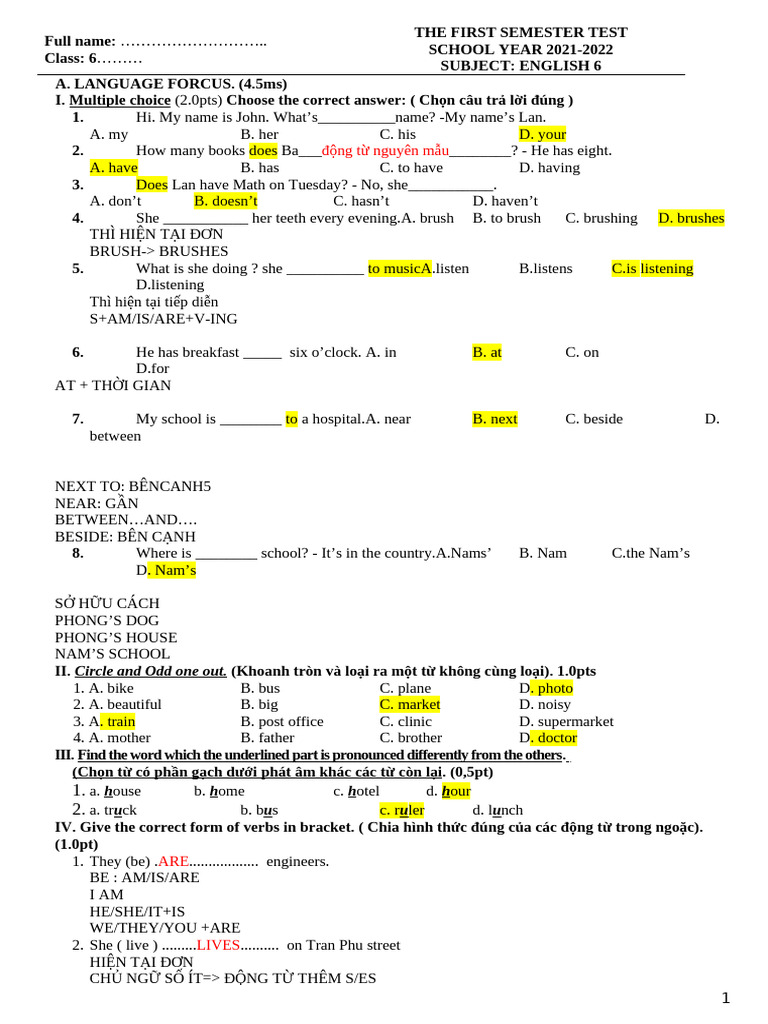 De Kiem Tra Hoc Ki 1 Tieng Anh 6 | PDF