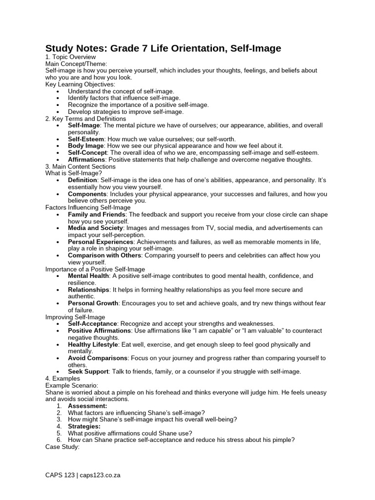 Study Notes Grade 7 Life Orientation Self Image | PDF | Self Esteem ...