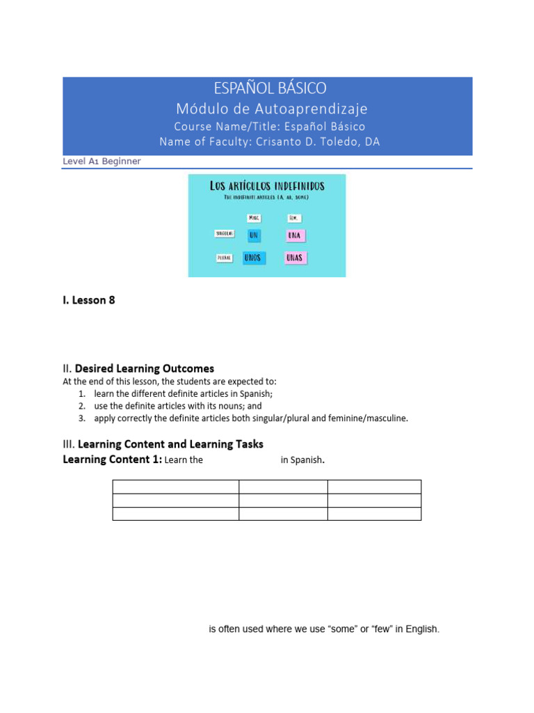 SPAN1 UNIT 8 The Spanish Indefinite Articles | PDF | Grammatical Gender ...