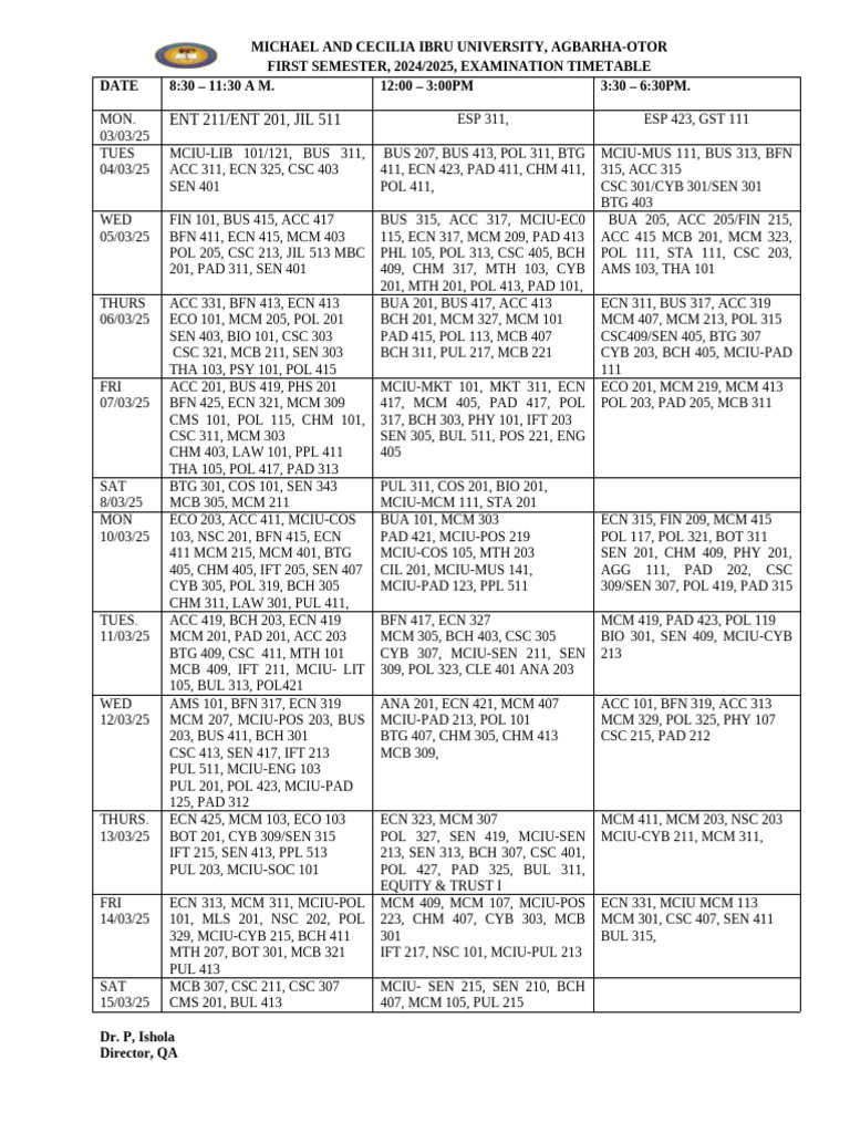 Mciu 2025 Frist Semester Examination Time-table | PDF