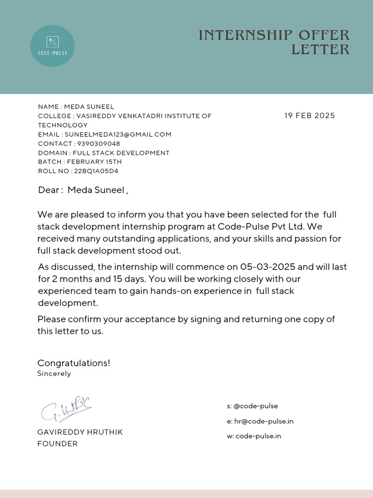 Offer Letter Meda Suneel | PDF