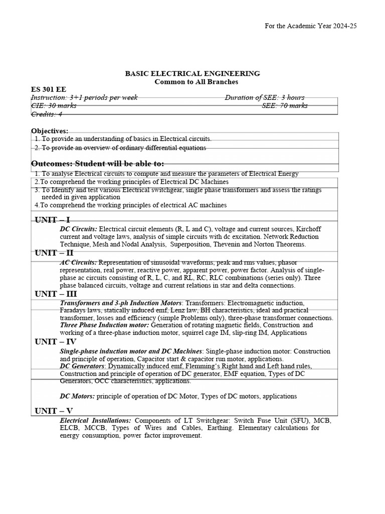 BEE Syllabus 2024-25 | PDF | Voltage | Electromagnetic Induction
